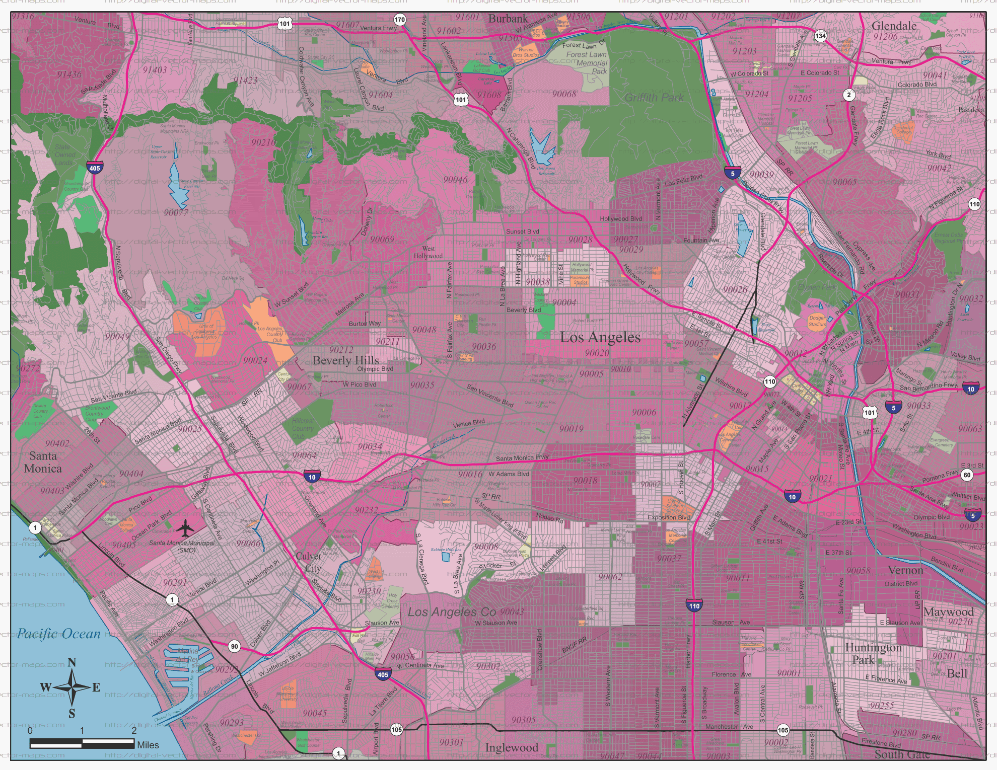 Los Angeles City Limits Map Editable Los Angeles Map With City And Zip
